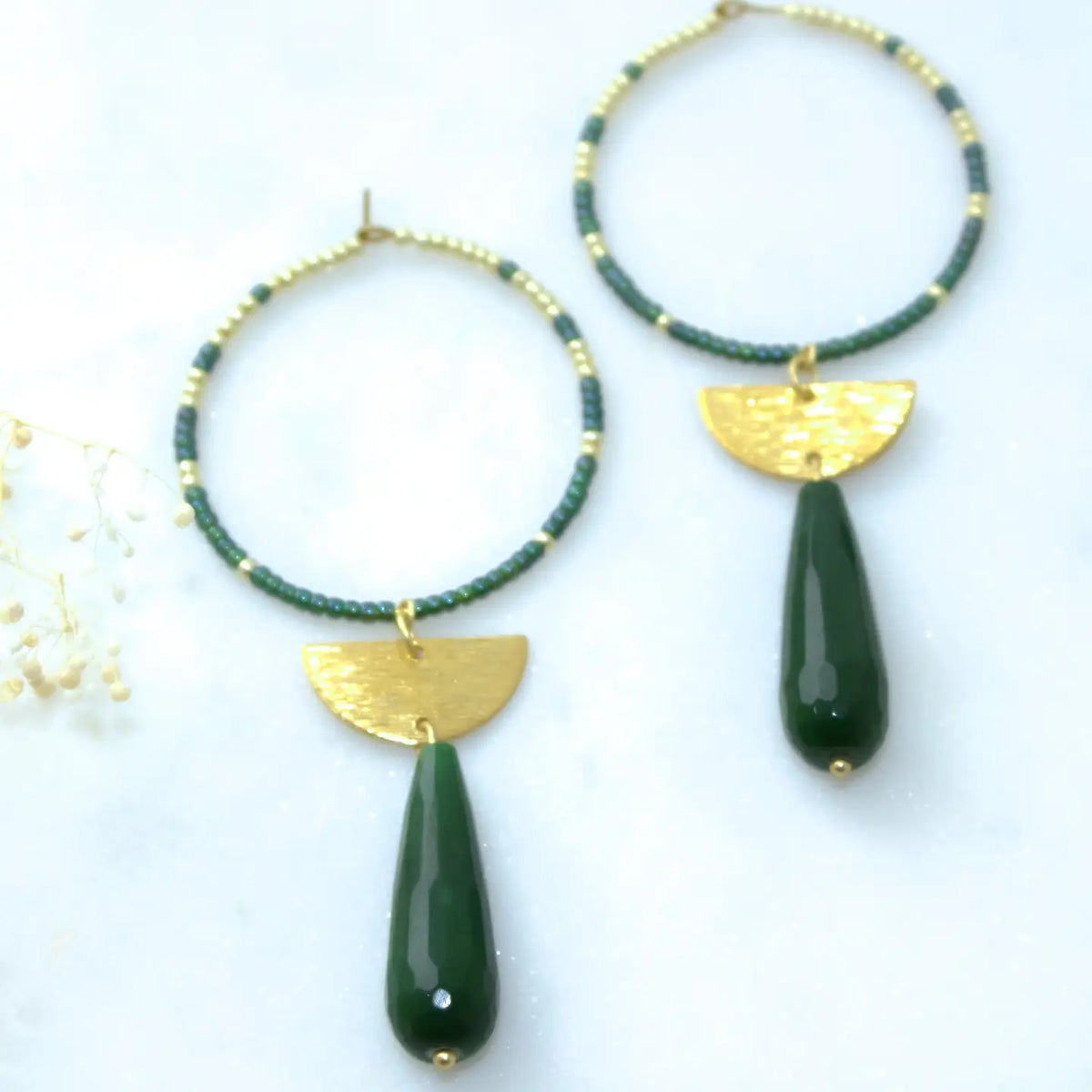 Jade Drop Hoops with Gold & Emerald Seed Beads | ROSE & LEE CO. – Rose ...